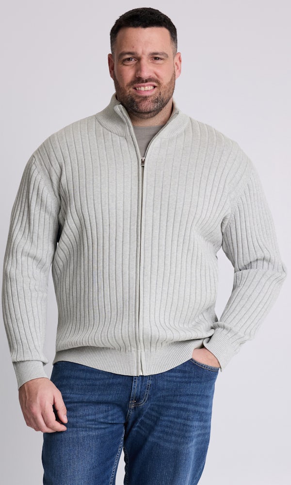 Melerad grå Cardigan ribbstickad bomull, helzip | Herr | Dressmann